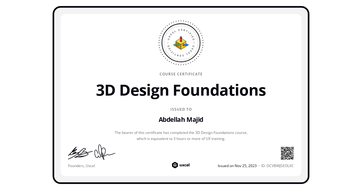 Certificate of completion for 3D Design Foundations | Uxcel